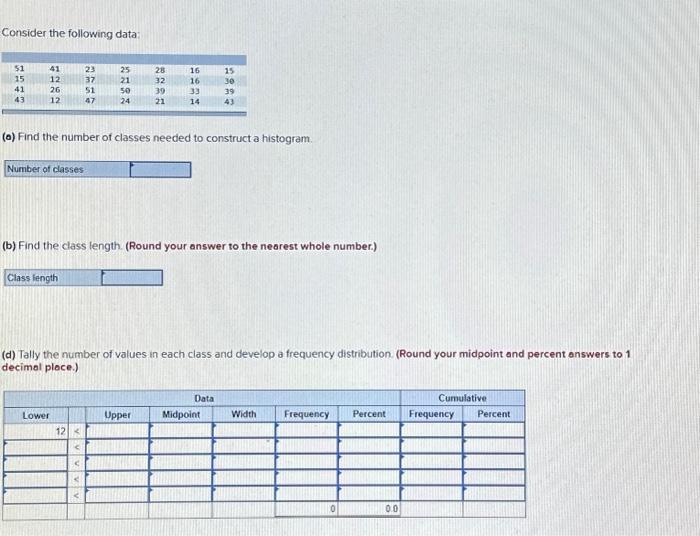Solved Consider the following data: (o) Find the number of | Chegg.com