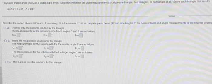 Solved Two sides and an angle (SSA) of a triangle are given. | Chegg.com