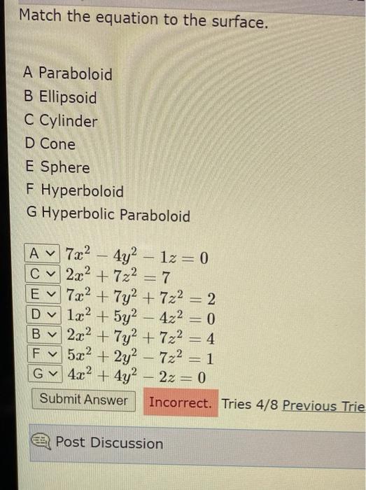 Solved Match the equation to the surface. A Paraboloid B | Chegg.com
