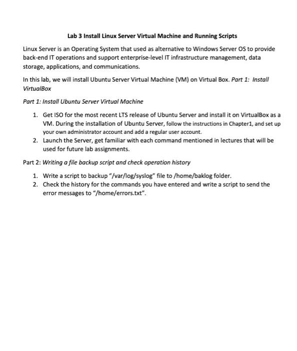 Solved Lab 3 Install Linux Server Virtual Machine and | Chegg.com