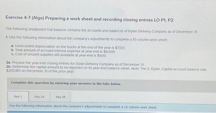 Solved Exercise 4-7 (Algo) Preparing a work sheet and | Chegg.com