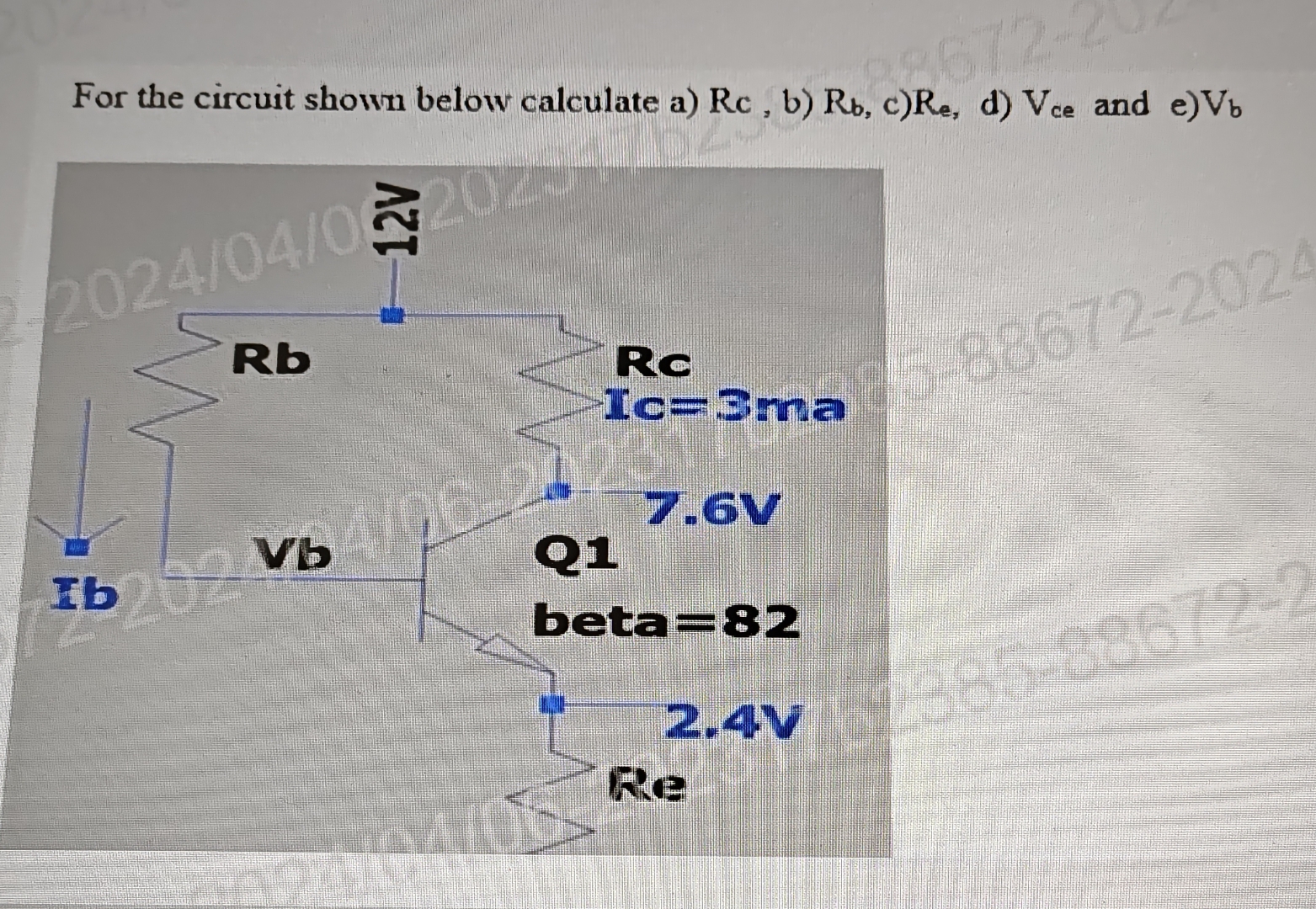 Solved For the circuit shown below calculate a) Rc, ﻿b) Rb, | Chegg.com