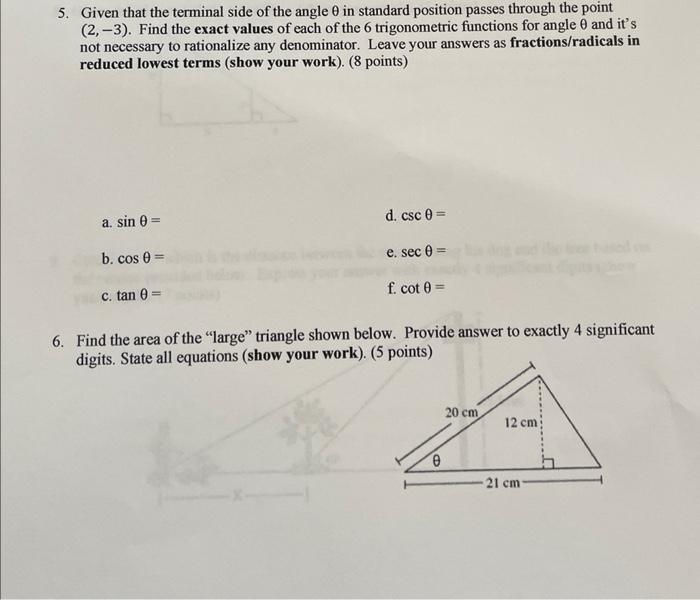 Solved 5. Given that the terminal side of the angle θ in | Chegg.com
