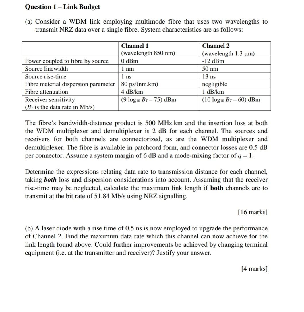 Solved Question 1-Link Budget (a) Consider a WDM link | Chegg.com