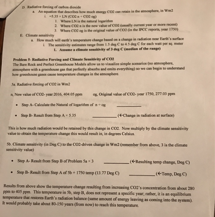 Solved D. Radiative forcing of carbon dioxide a. An equation | Chegg.com