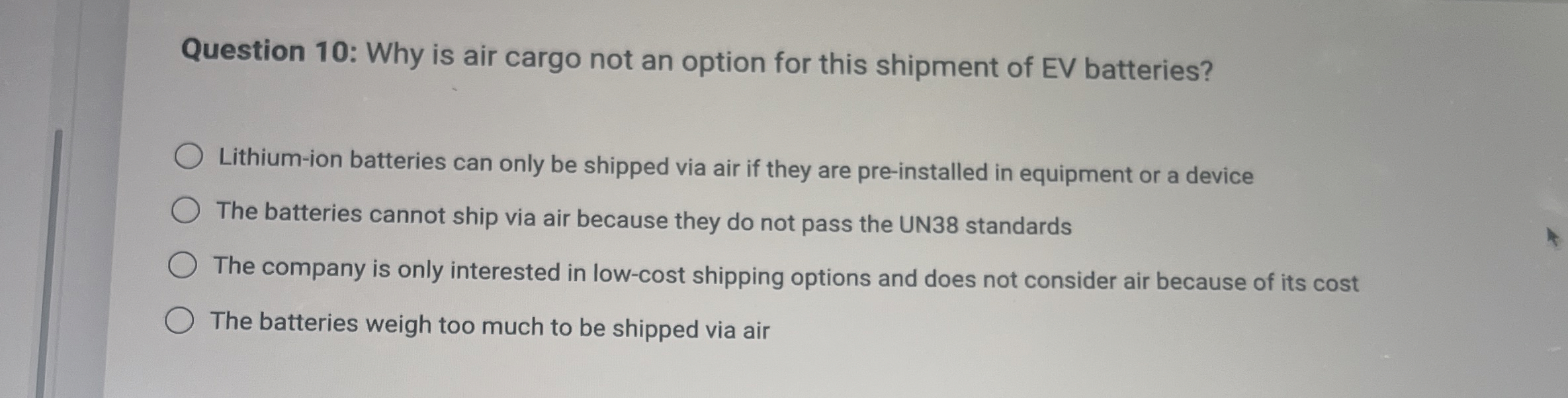 Solved Question 10: Why is air cargo not an option for this | Chegg.com