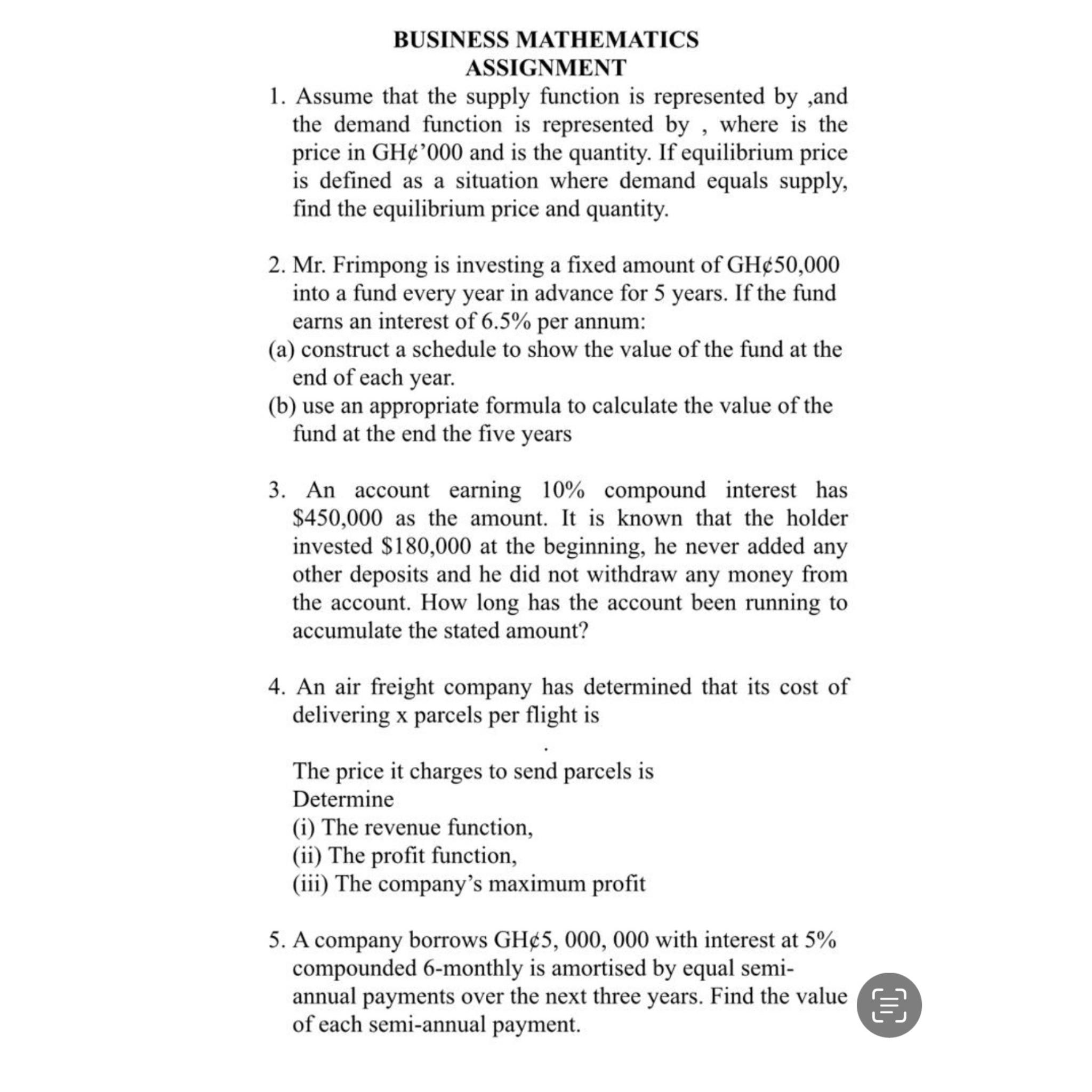 Solved BUSINESS MATHEMATICS ASSIGNMENTAssume that the supply | Chegg.com