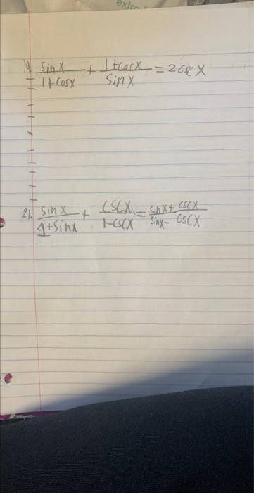 Solved 1+cosxsinx+sinx1+cosx=2cocx | Chegg.com