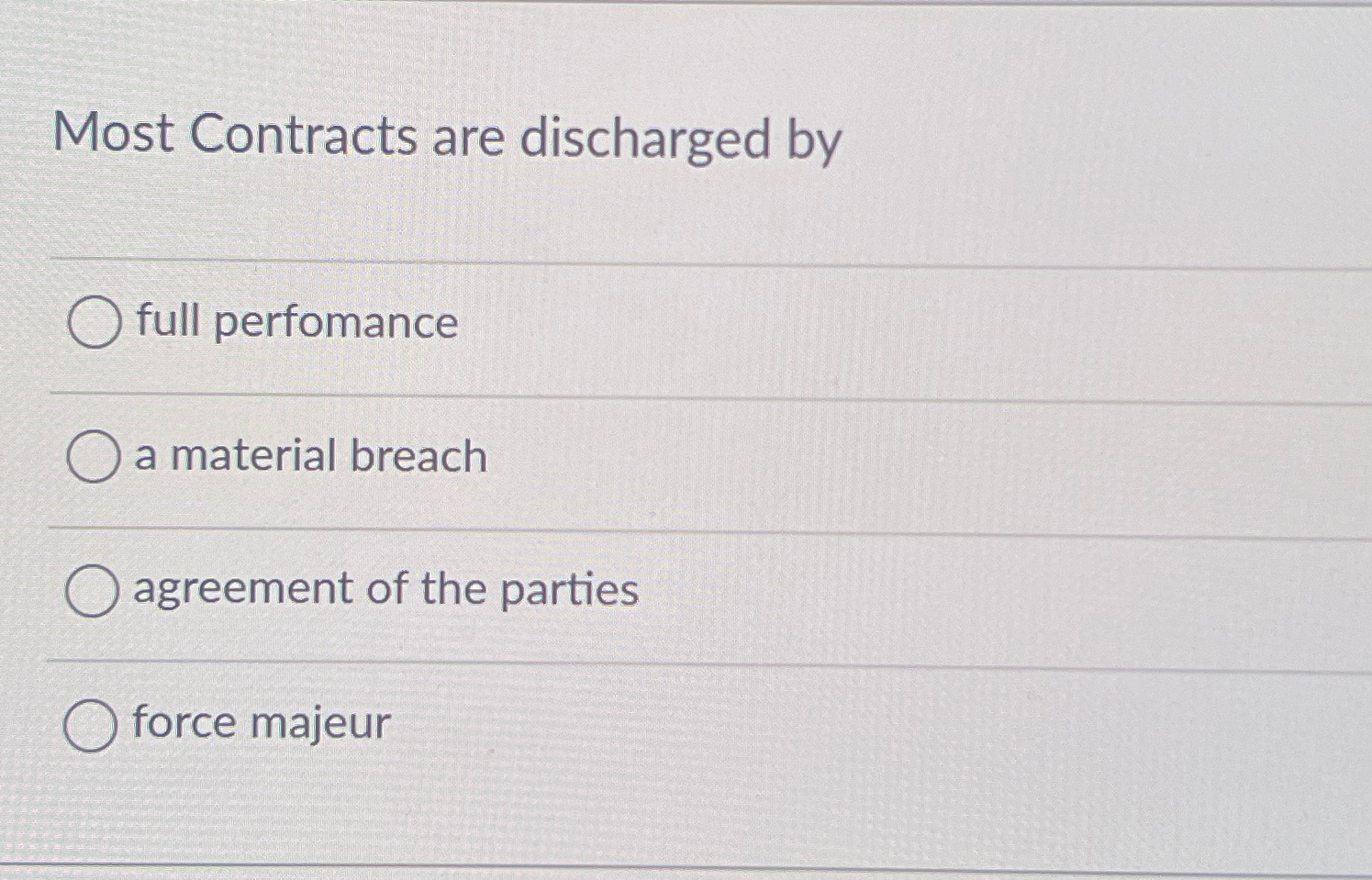 Solved Most Contracts are discharged byfull perfomancea | Chegg.com