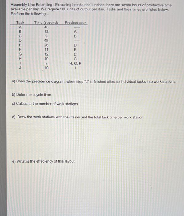 Solved Assembly Line Balancing : Excluding breaks and | Chegg.com