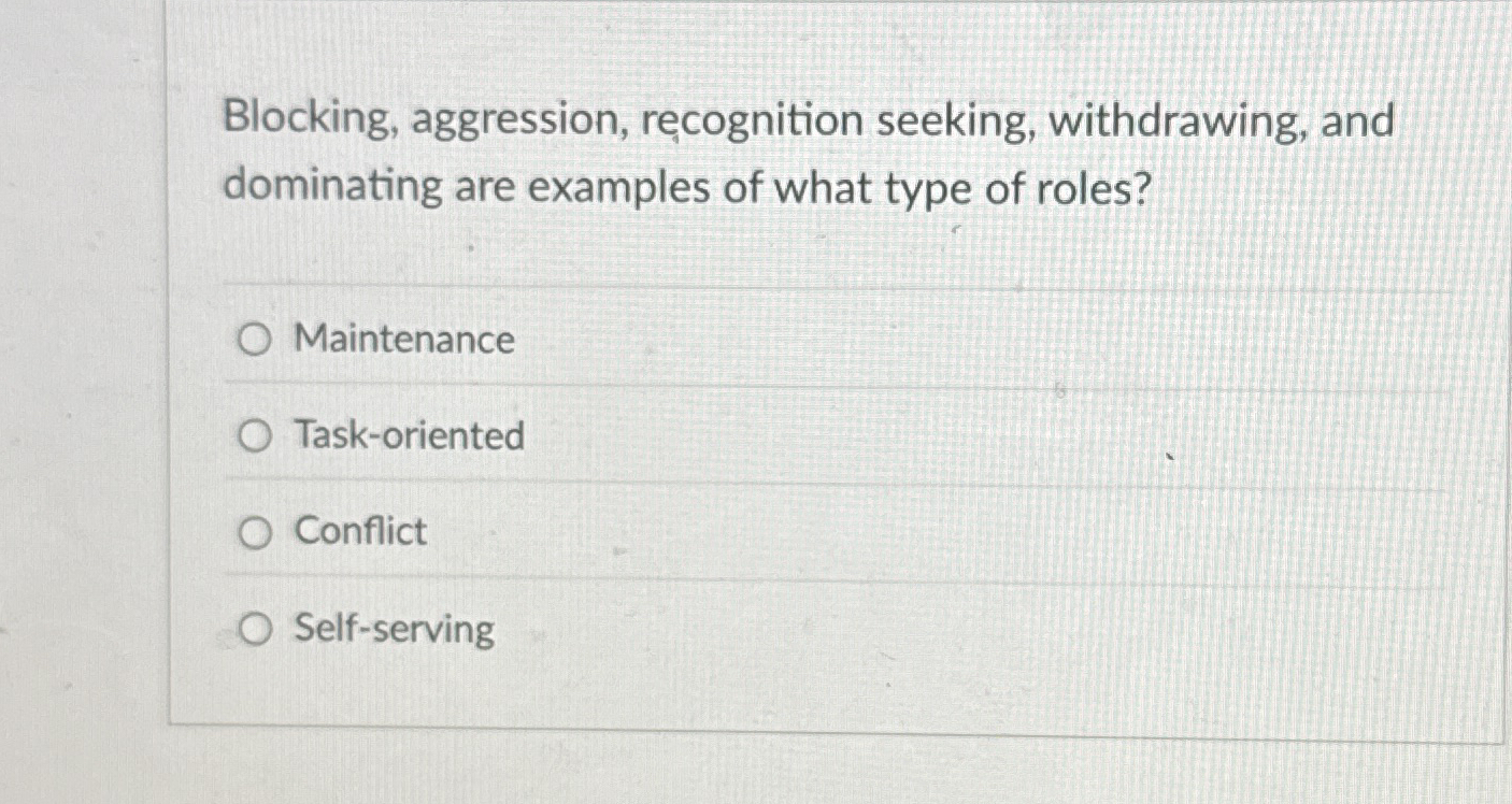 Solved Blocking, aggression, recognition seeking, | Chegg.com