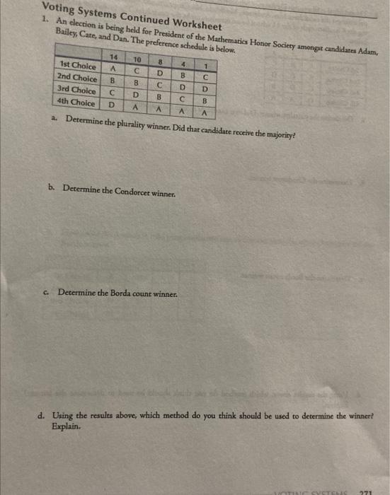 Solved Voting Systems Continued Worksheet 1. An election is | Chegg.com