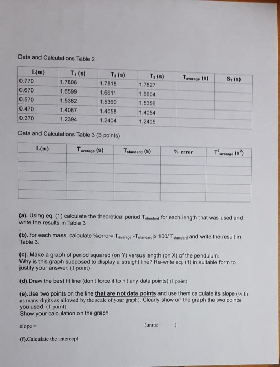 Data and Calculations Table 2 Tengo (s) ST(s) Lm) | Chegg.com