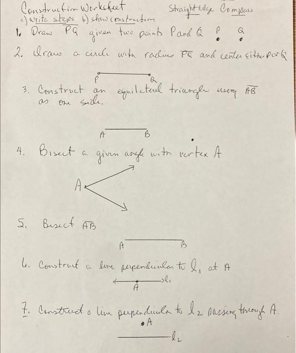 Solved Construction Worksheet Straightedde Compass 1.) Draw | Chegg.com