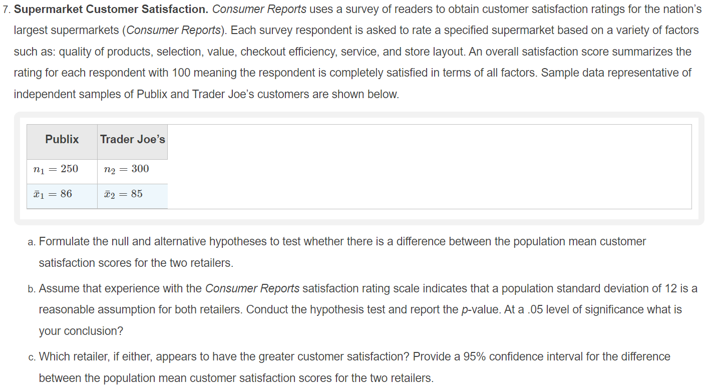 Solved Supermarket Customer Satisfaction. Consumer Reports | Chegg.com