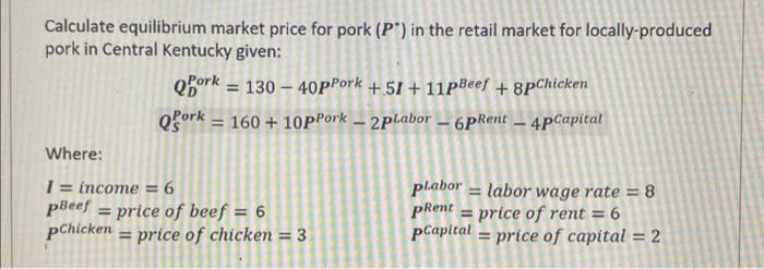 Solved Calculate equilibrium market price for pork (P∗) in | Chegg.com