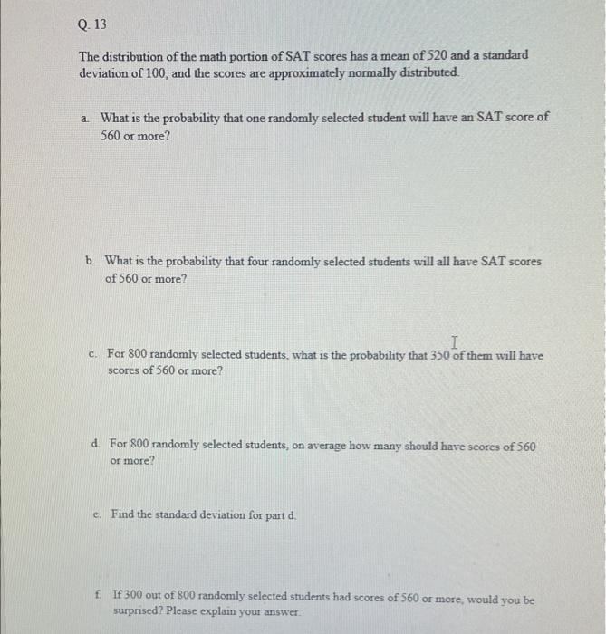 Solved Q.13 The distribution of the math portion of SAT | Chegg.com