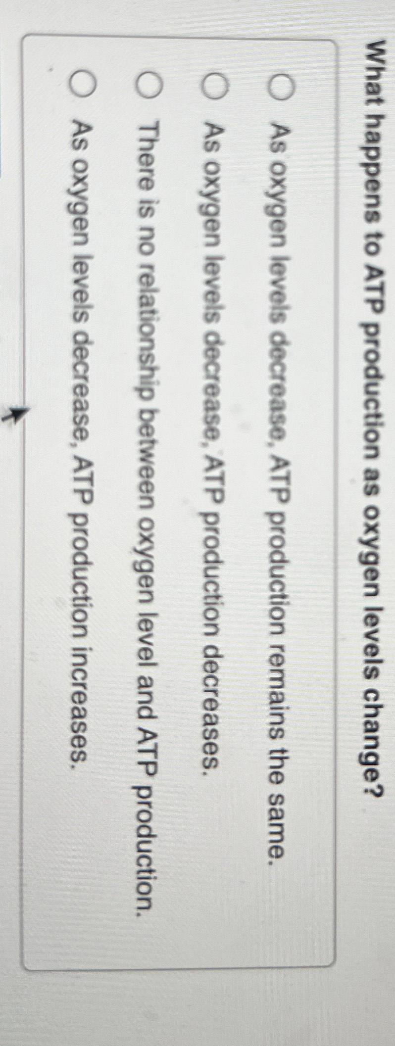Solved What happens to ATP production as oxygen levels | Chegg.com
