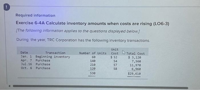 Solved Required information Exercise 6-4A Calculate | Chegg.com