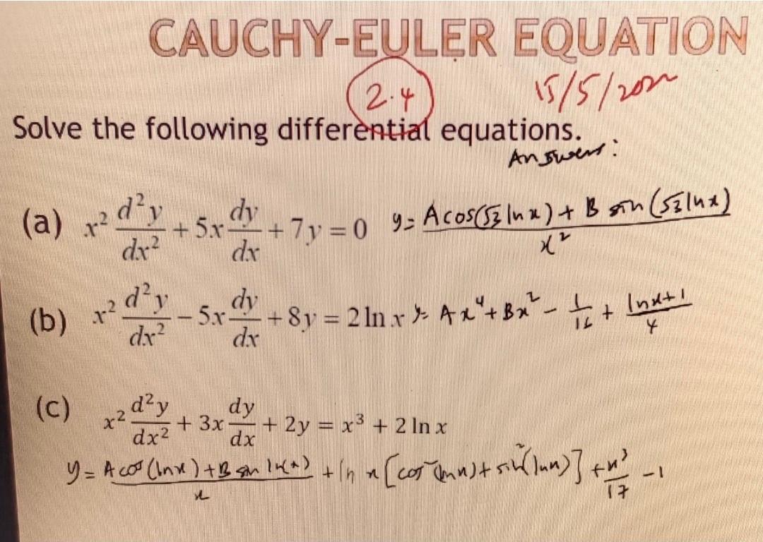Solved . CAUCHY-EULER EQUATION 12.4 15/5/200 Solve the | Chegg.com