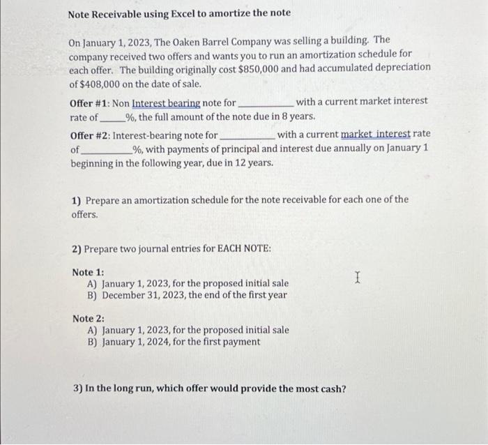 Solved Note Receivable using Excel to amortize the note On | Chegg.com