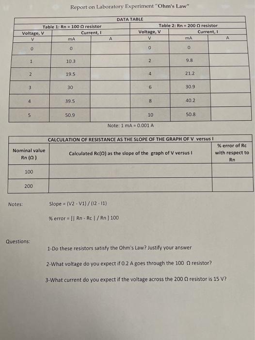 Solved Report on Laboratory Experiment "Ohm's Law" Table 1: | Chegg.com