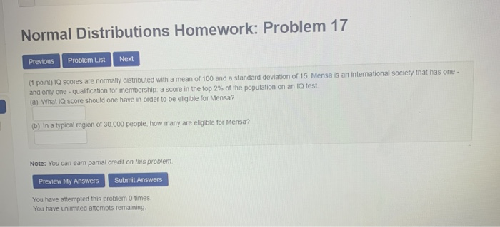 Solved Normal Distributions Homework: Problem 17 Previous | Chegg.com