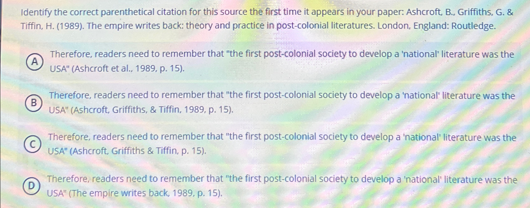 Solved Identify the correct parenthetical citation for this | Chegg.com