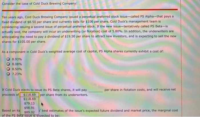 Solved Consider the case of Cold Duck Brewing Company: Ten | Chegg.com