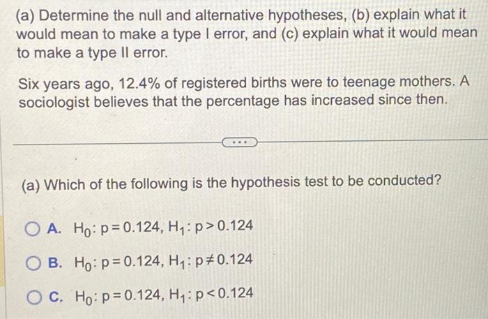 Solved (a) Determine the null and alternative hypotheses, | Chegg.com