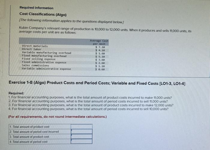 Solved Required information Cost Classifications (Algo) [he | Chegg.com