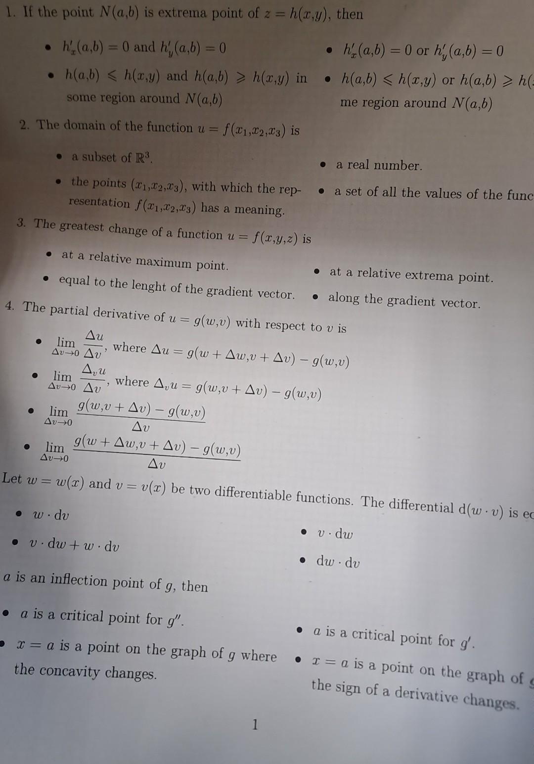 Solved 1. If the point N(a,b) is extrema point of z=h(x,y), | Chegg.com