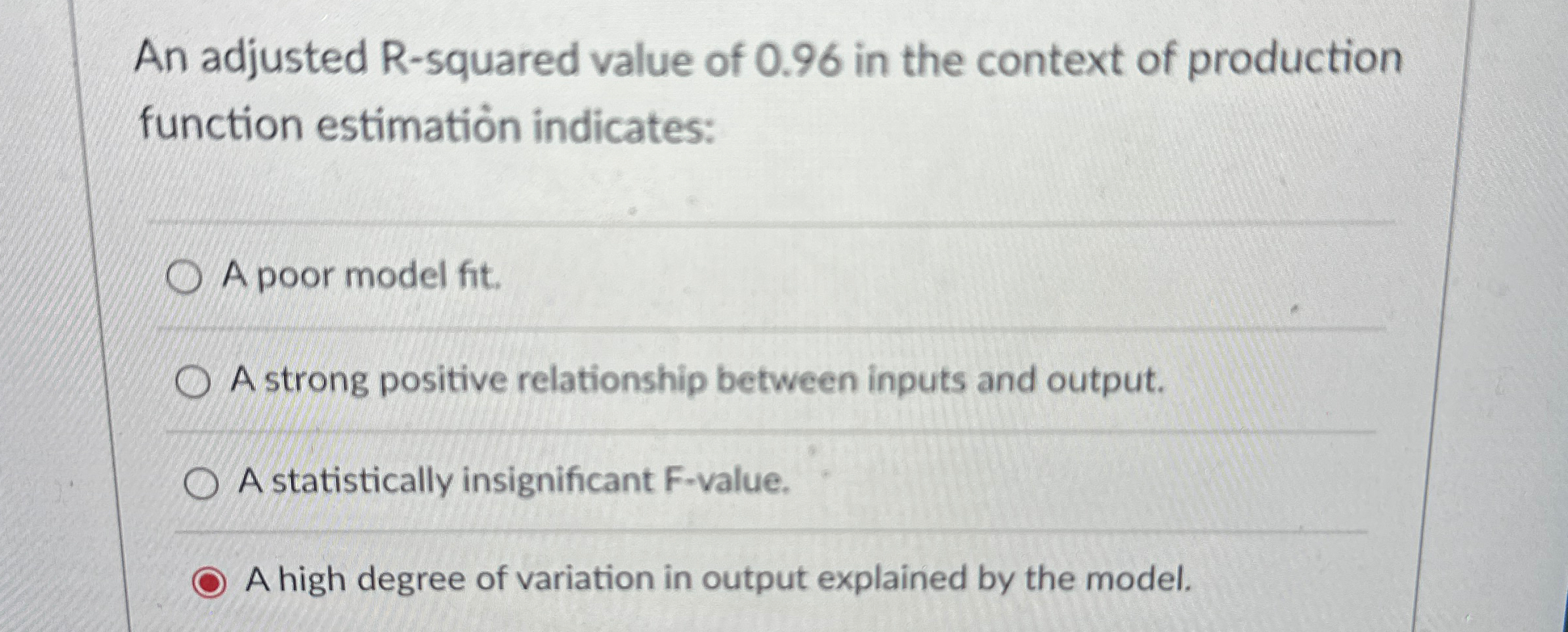 Solved An adjusted R-squared value of 0.96 ﻿in the context | Chegg.com