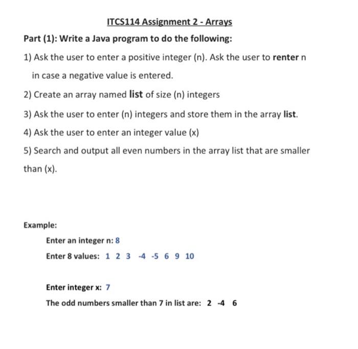 Solved ITCS114 Assignment 2 - Arrays Part (1): Write a Java | Chegg.com