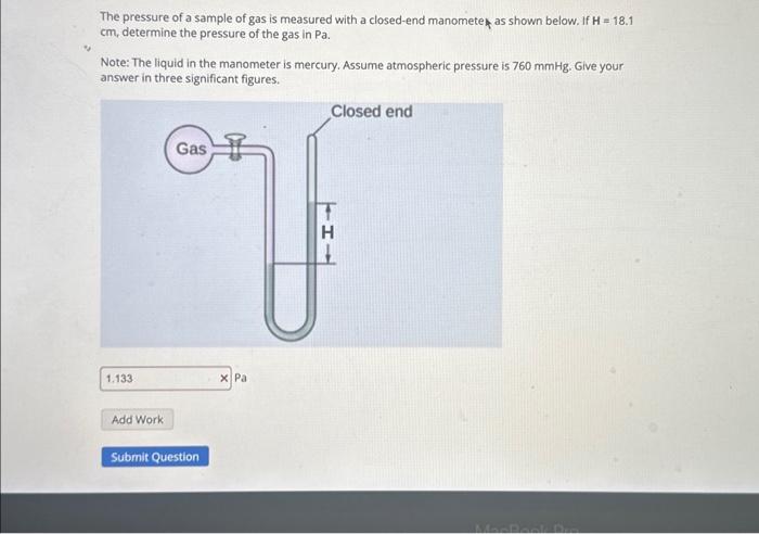 Solved The pressure of a sample of gas is measured with a | Chegg.com