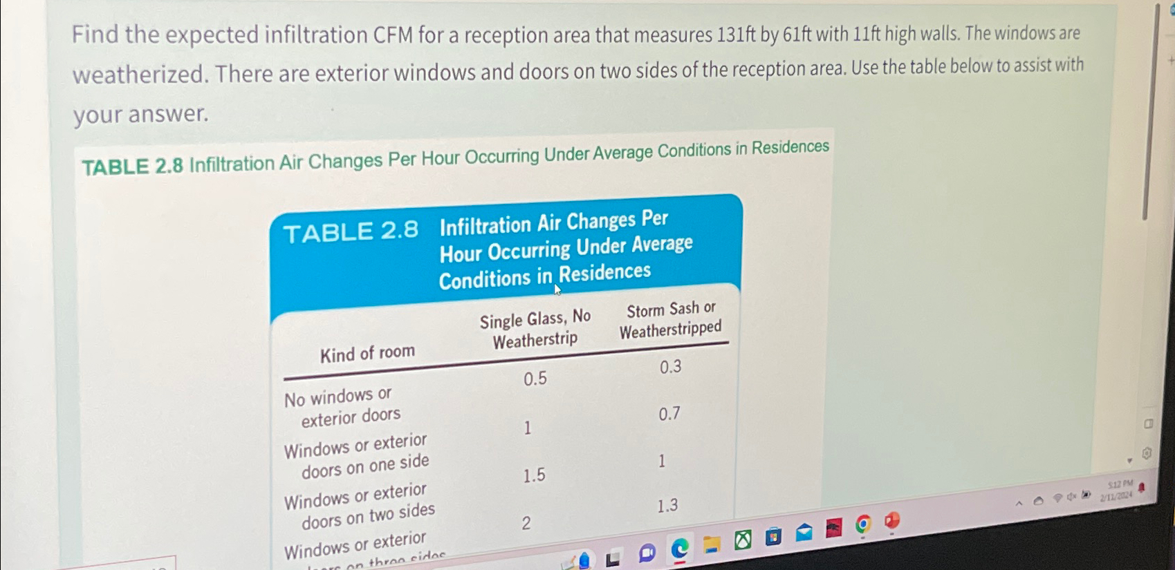 Solved Find the expected infiltration CFM for a reception | Chegg.com