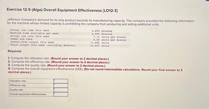 Solved Exercise 12-5 (Algo) Overall Equipment Effectiveness | Chegg.com