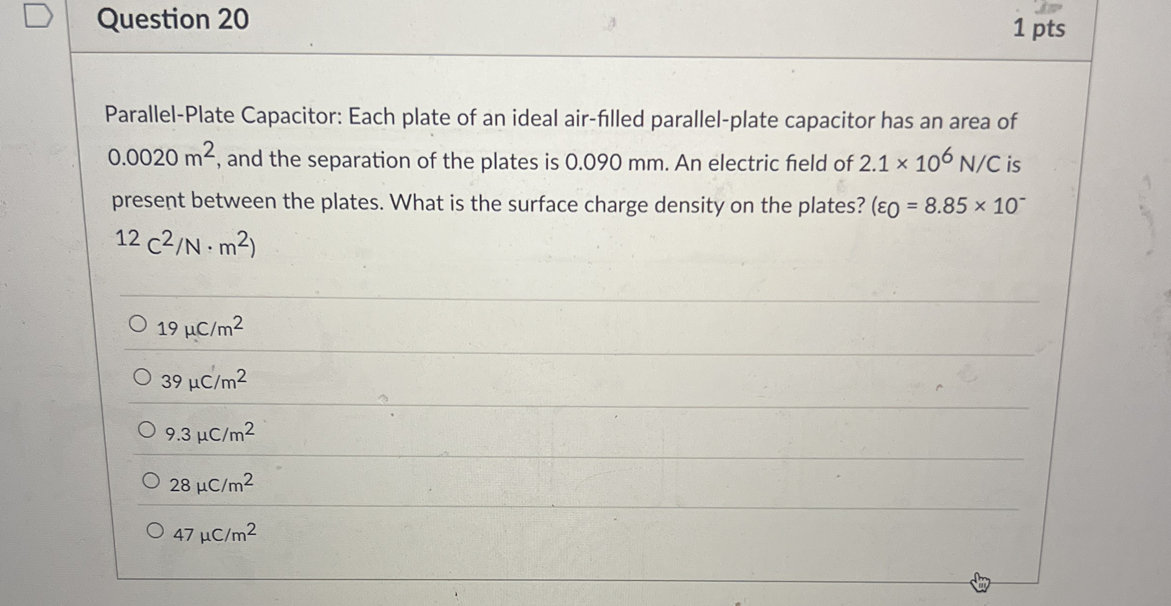 Solved Question 201 ﻿ptsParallel-Plate Capacitor: Each plate | Chegg.com