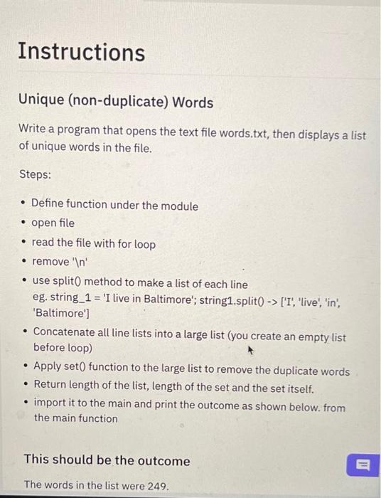 Solved Instructions Unique (non-duplicate) Words Write a | Chegg.com