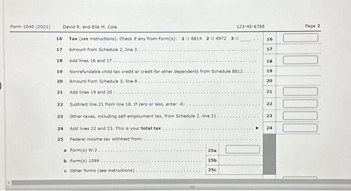 Solved Form 1040Form 1040 (2021) David R, and Ella M. Cole | Chegg.com