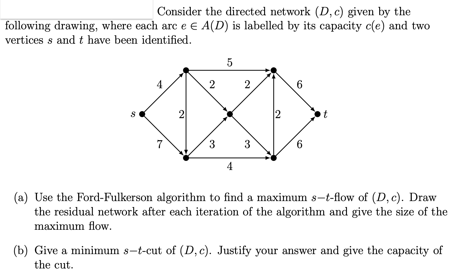 Solved Consider the directed network (D,c) ﻿given by | Chegg.com