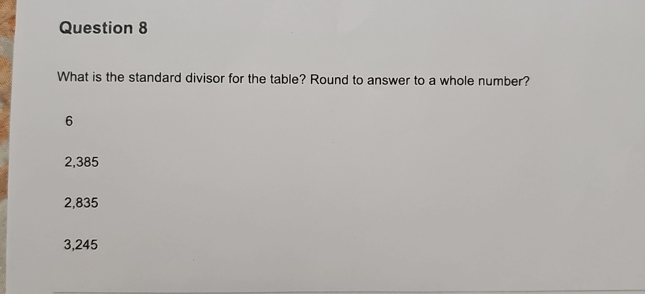 Solved Question 8What is the standard divisor for the table? | Chegg.com