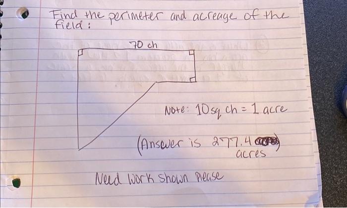 Find the perimeter and acreage of the field: 1=1 acre | Chegg.com