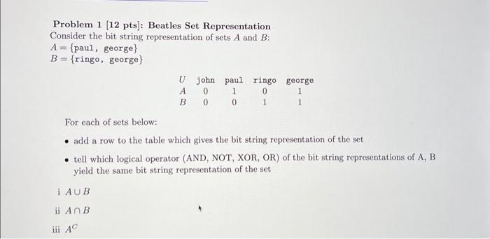 Solved Problem 1 [12 pts]: Beatles Set Representation | Chegg.com