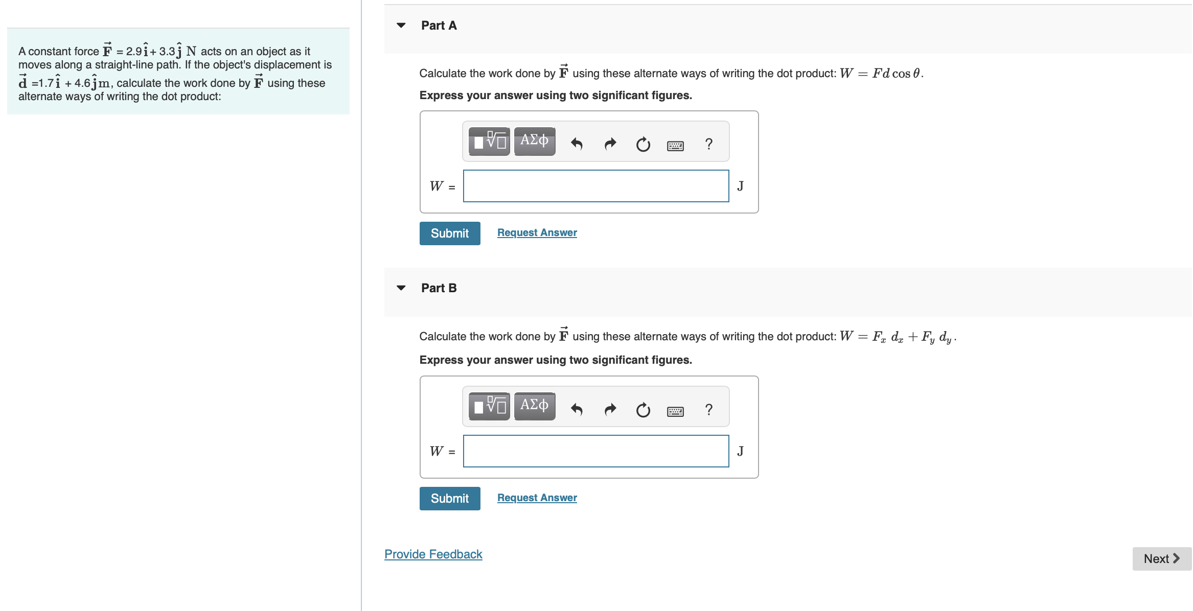 Solved Part AA constant force vec(F)=2.9hat(i)+3.3hat(j)N | Chegg.com
