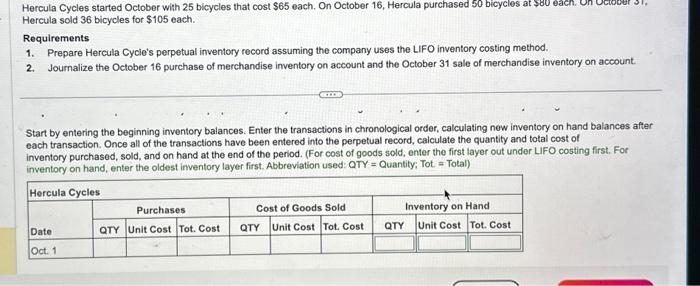 Solved Hercula Cycles started October with 25 bicycles that | Chegg.com