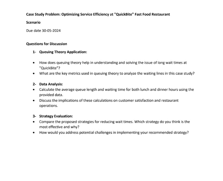 Solved Case Study Problem: Optimizing Service Efficiency at | Chegg.com
