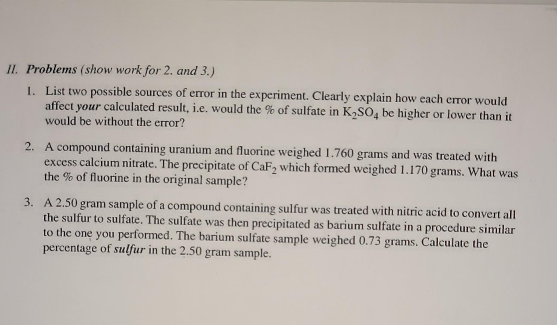 Solved Data for calculating % sulfate in K2SO4 Mass of | Chegg.com