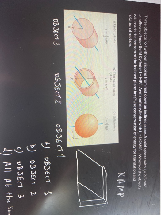 Solved Three objects roll without slipping from rest down an | Chegg.com