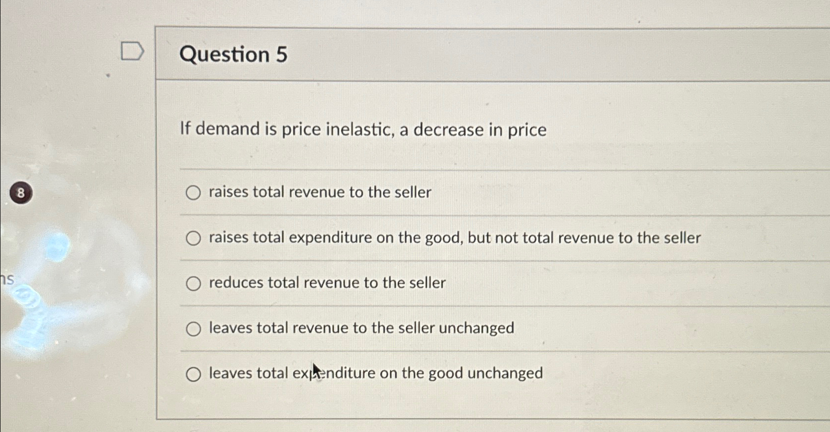 Solved Question 5If demand is price inelastic, a decrease in | Chegg.com